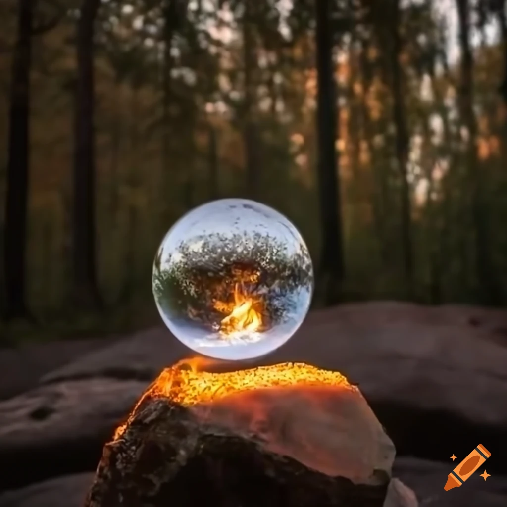 Image of a flaming crystal ball on a standing stone on Craiyon