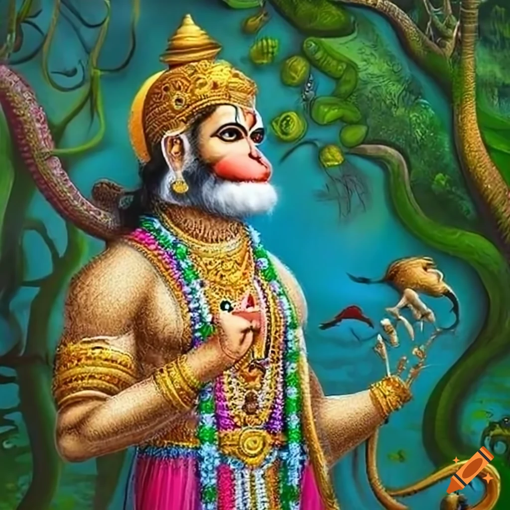Colorful lord hanuman with monkeys in forest on Craiyon