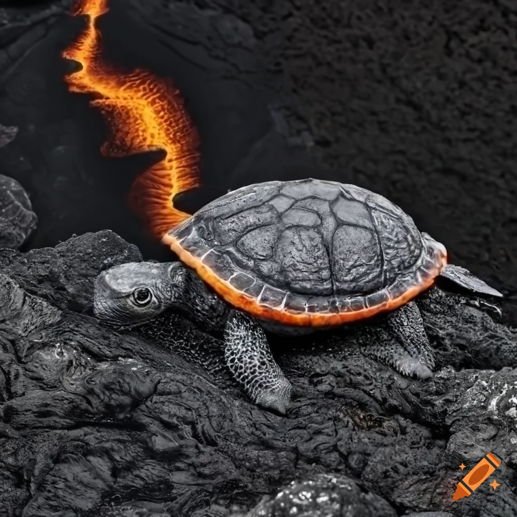 Photo-realistic metal turtle swimming in lava on Craiyon