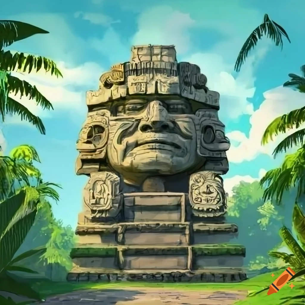 Manga rendering of a stone aztec head in a tropical forest on Craiyon