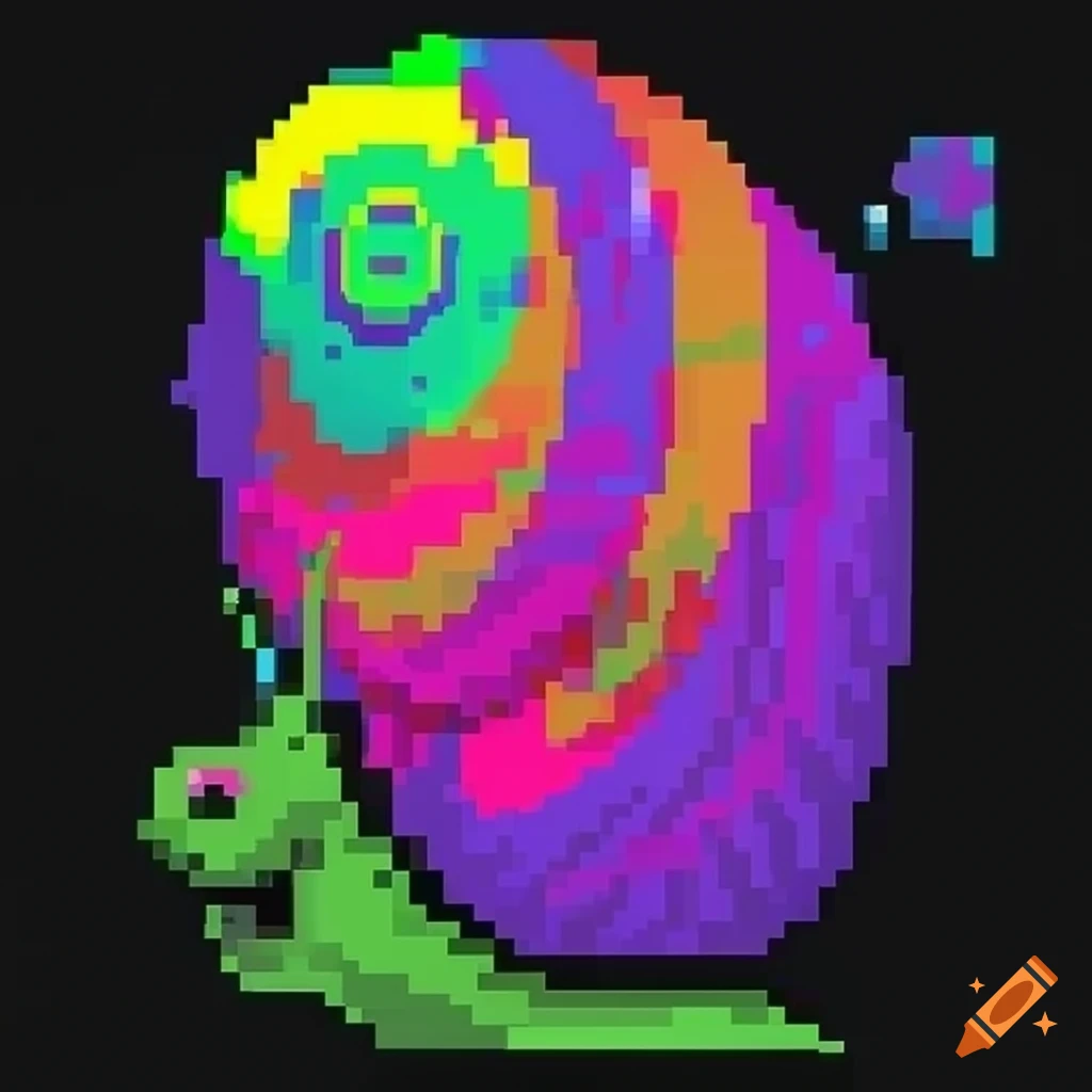 Colorful pixel art of a happy snail on Craiyon