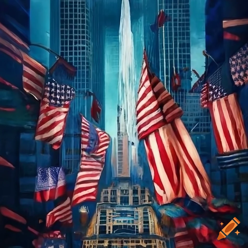 Surreal painting of a skyscraper covered in american flags