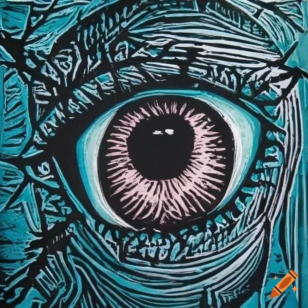 Lino print of an open eye with a barbed fishhook