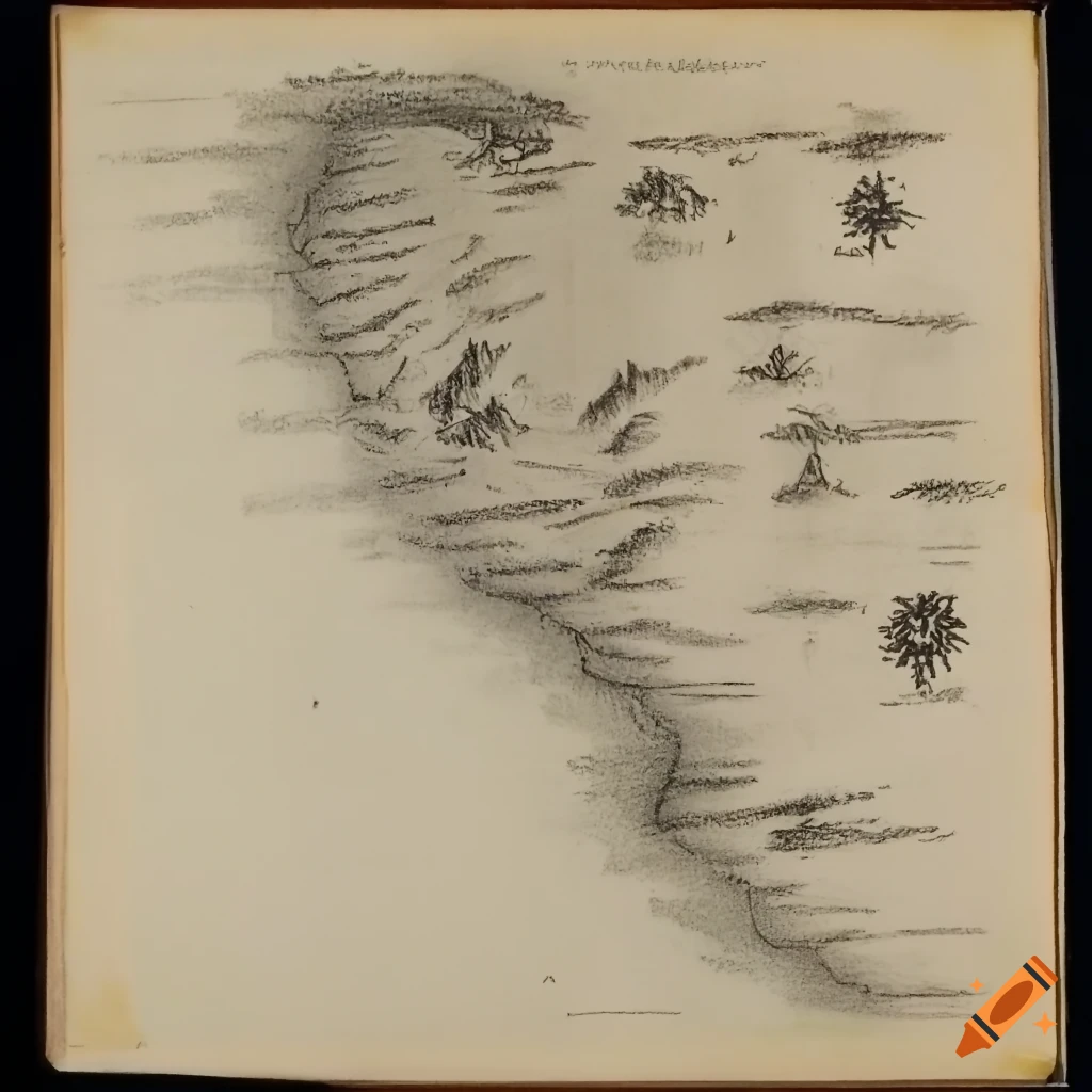 Charcoal map of an island with a volcano, jungle, and redwood forest on ...