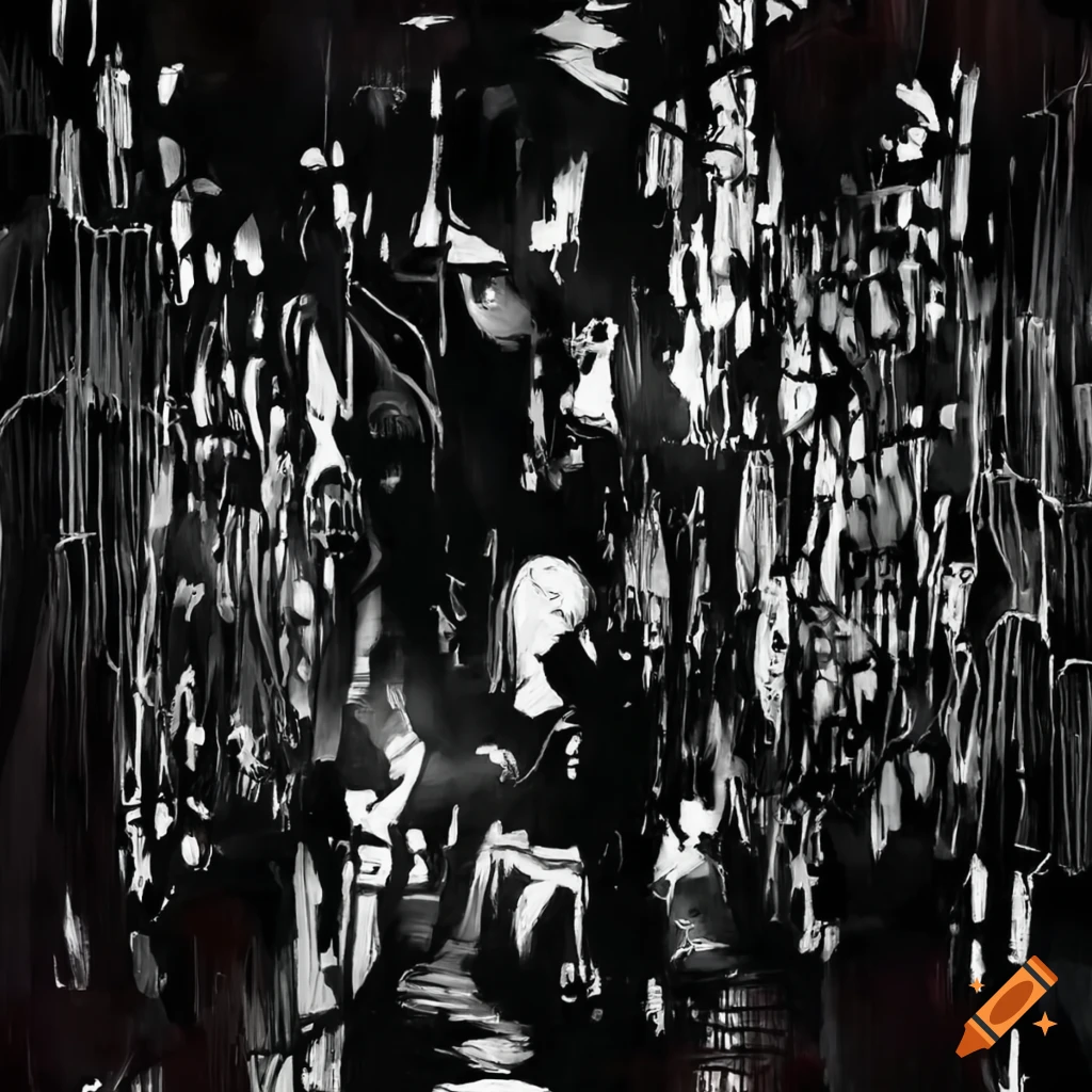 Black and white abstract painting of a crowded maze