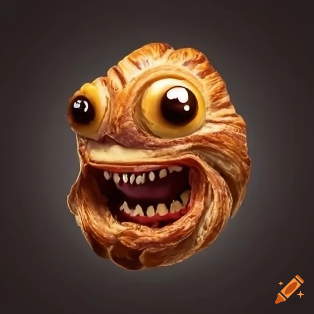 Illustration of a croissant monster with sharp teeth