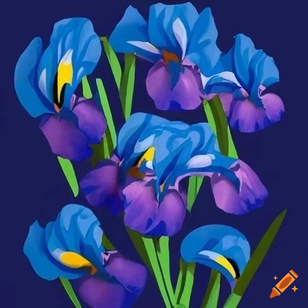 Picasso-style drawing of blue iris flowers