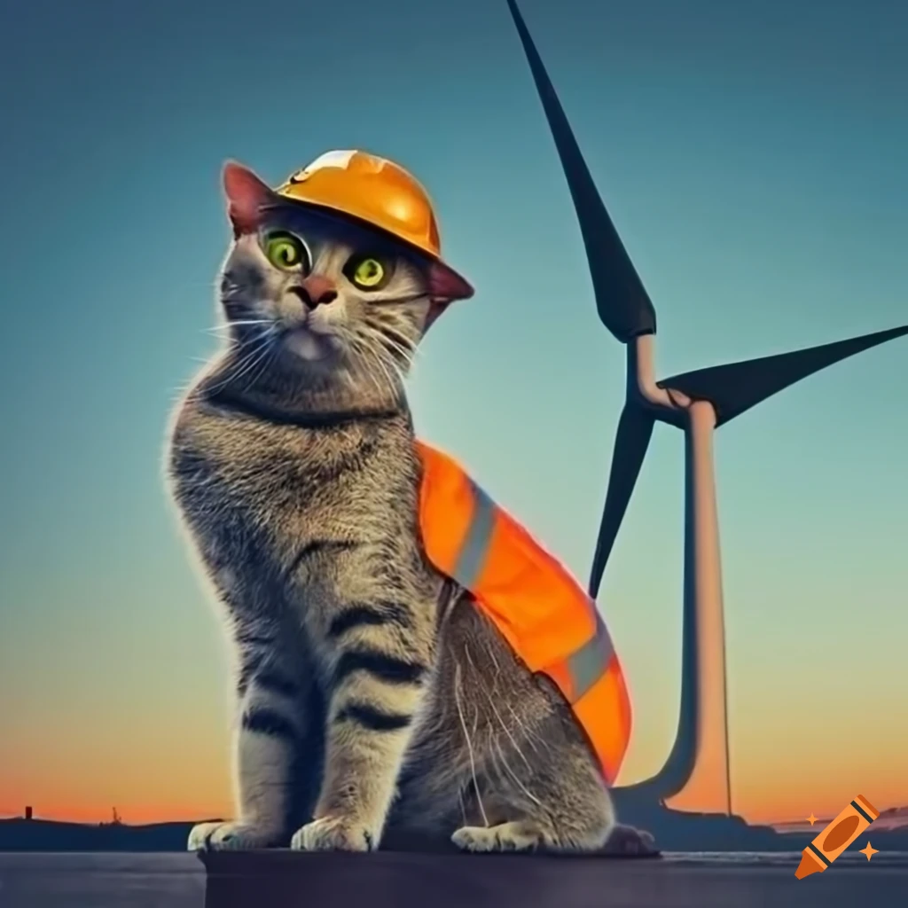 Cat overseeing wind turbine installation