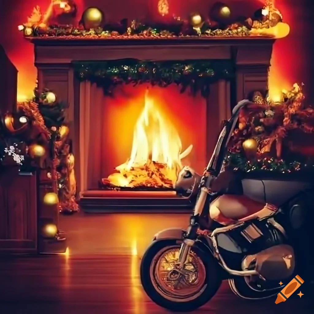 Motorcycle parked in front of a fireplace with Christmas decorations on ...