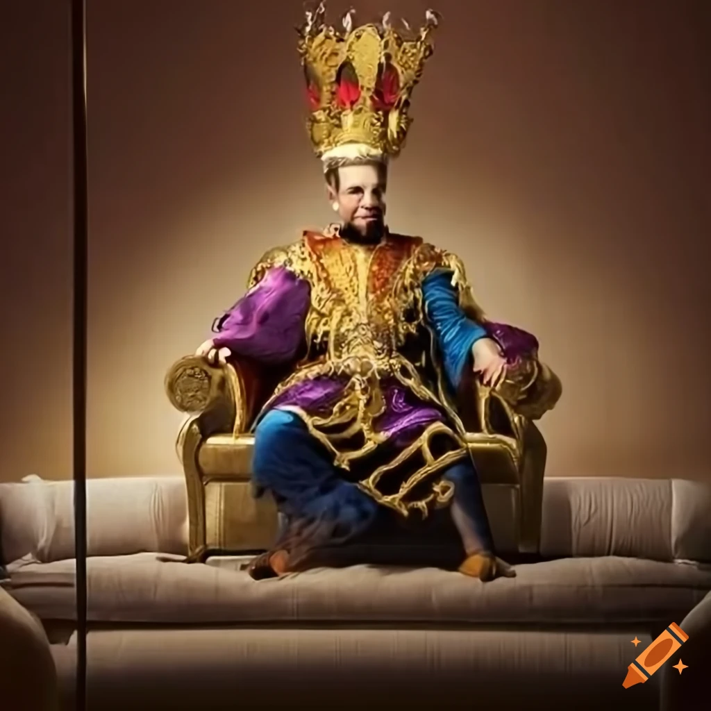 Photorealistic portrait of a king on a sofa