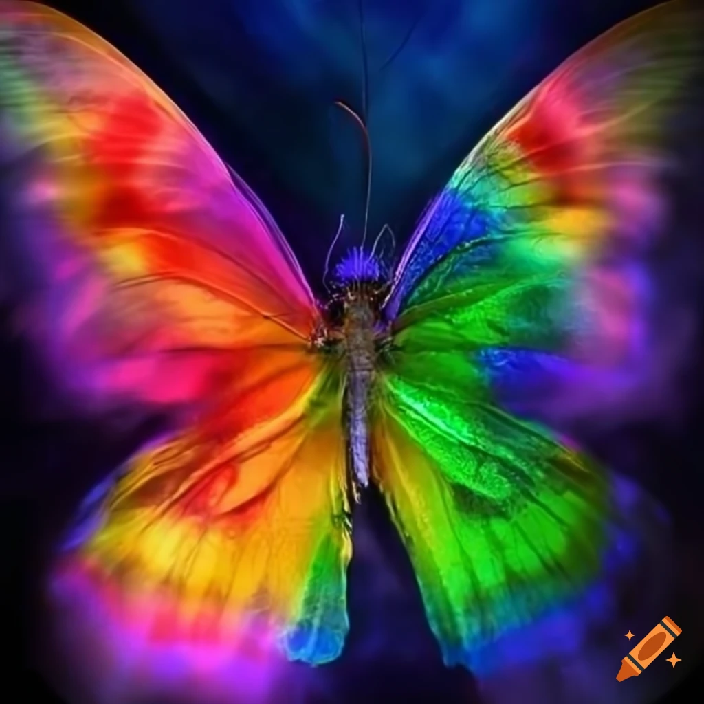 Photo of a rainbow-colored butterfly with a glowing aura