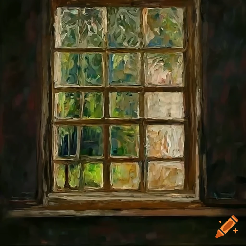 Impressionist painting of woods seen through window frame on Craiyon