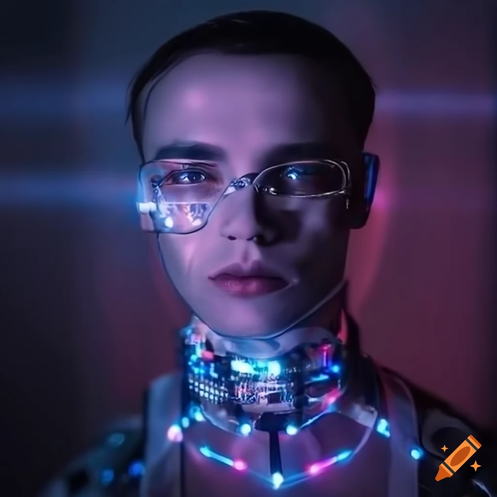 Photo of a male cyborg with futuristic circuits and LED lights on Craiyon