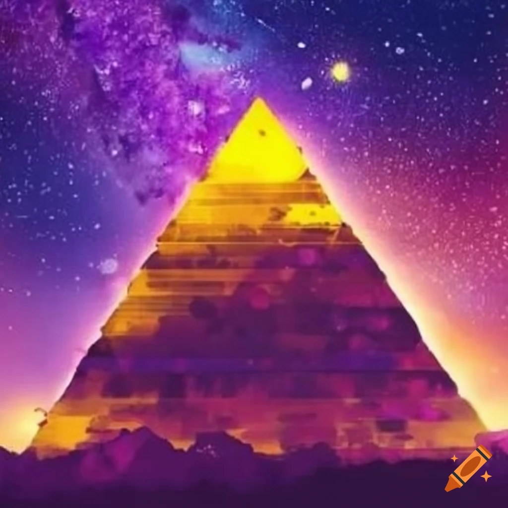 Watercolor painting of a purple pyramid under a yellow starry sky on ...