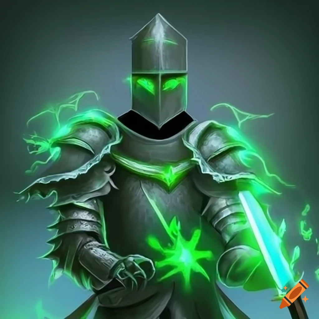Knight with magical green glowing runes on armor