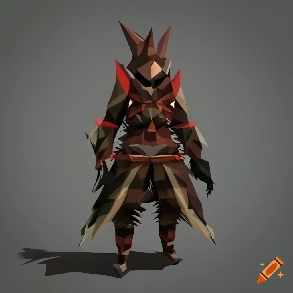 Low-poly style art of a monster hunter on Craiyon
