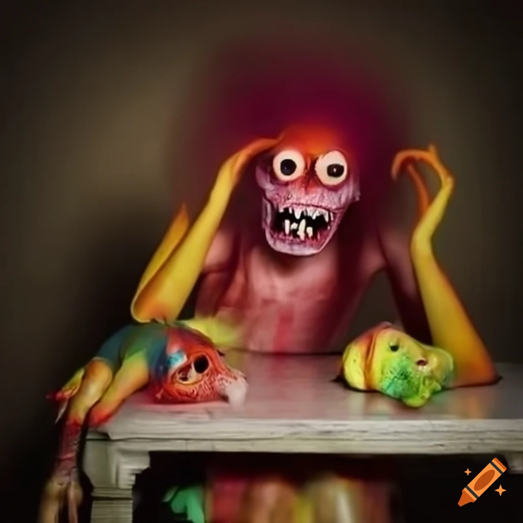 Colorful monster sitting at a table with other monsters
