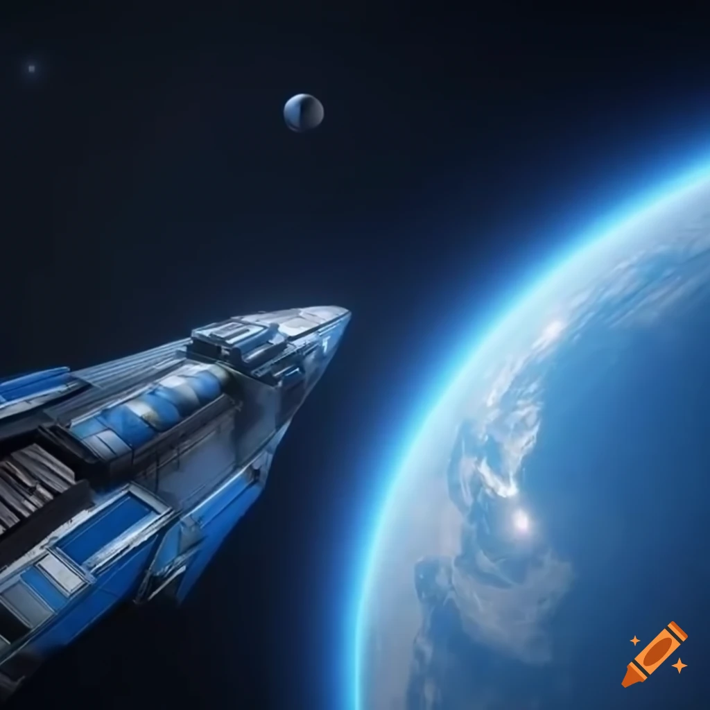 Blue-white sci-fi spaceship flying over a terra planet on Craiyon