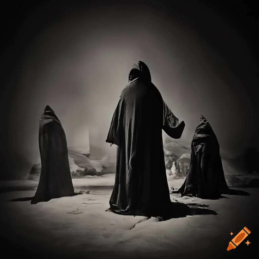 Vintage photo of hooded figures in a canyon on Craiyon