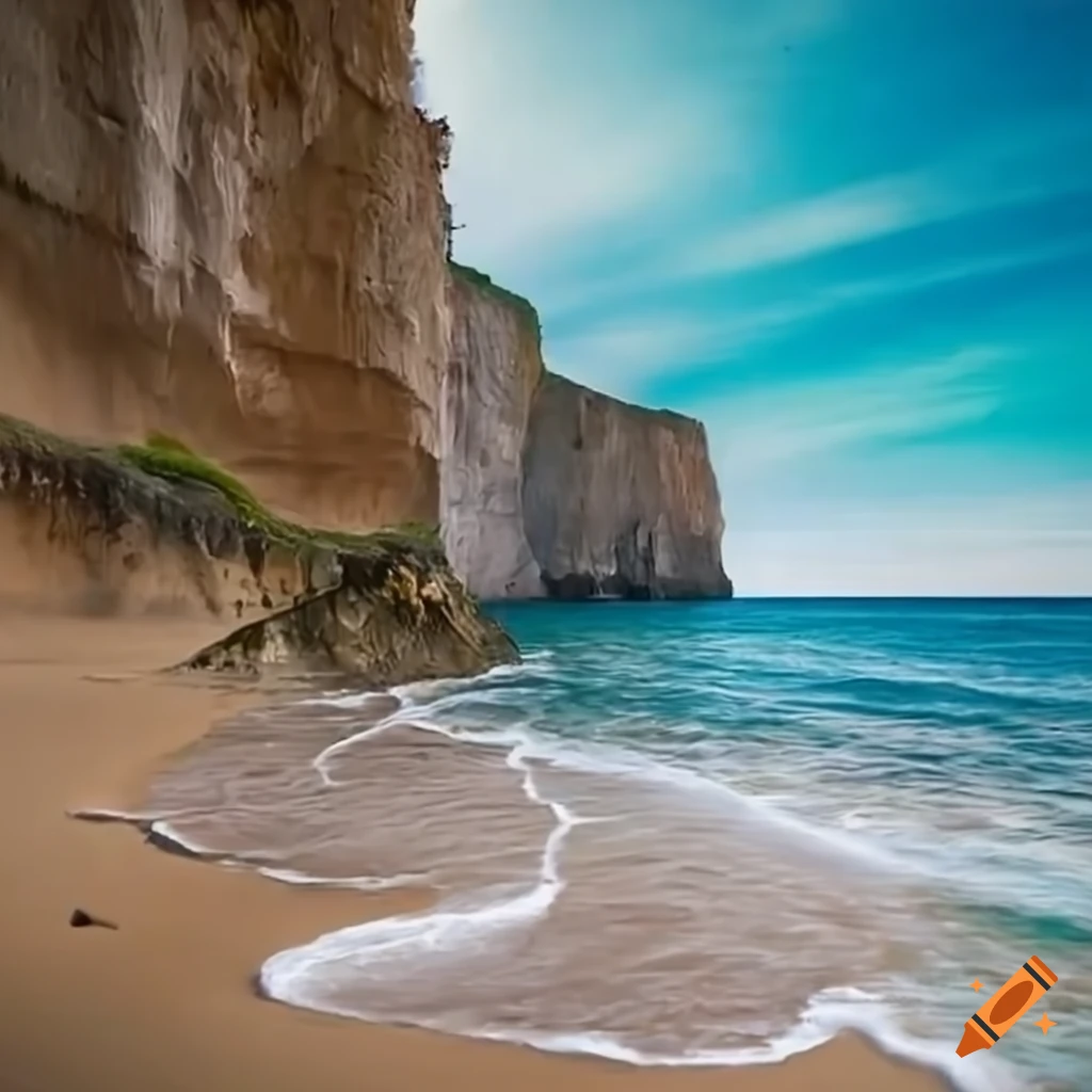 Realistic beach scene with a cliff