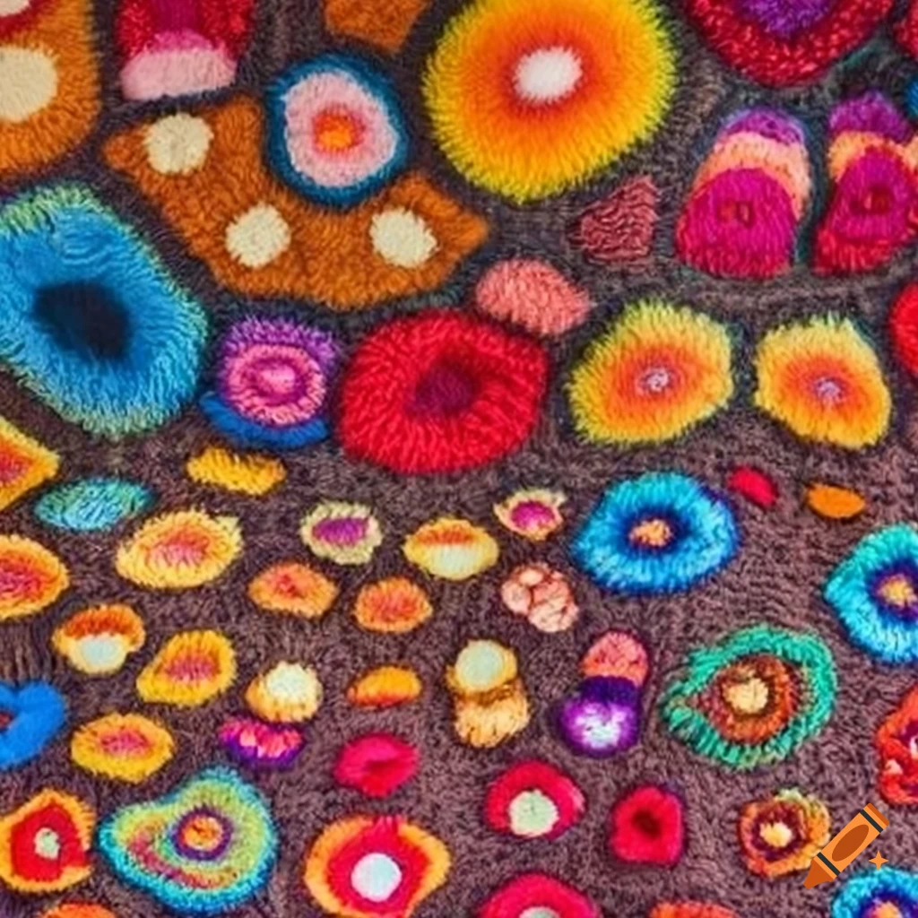 Colorful mushroom patterned carpet made of yarn