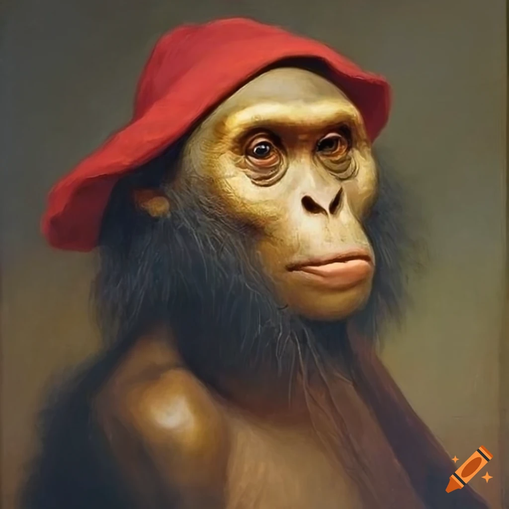 Portrait painting of australopithecus with red cap
