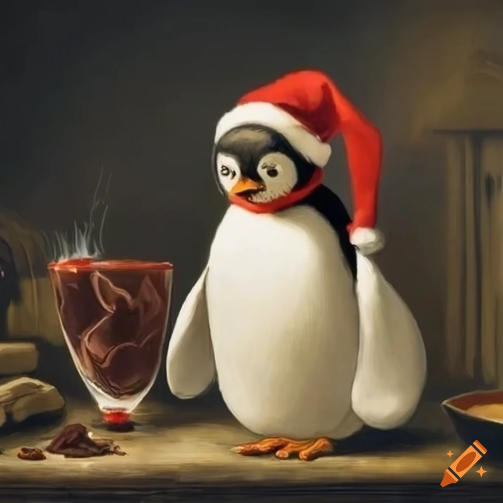 Painting of a penguin drinking hot chocolate
