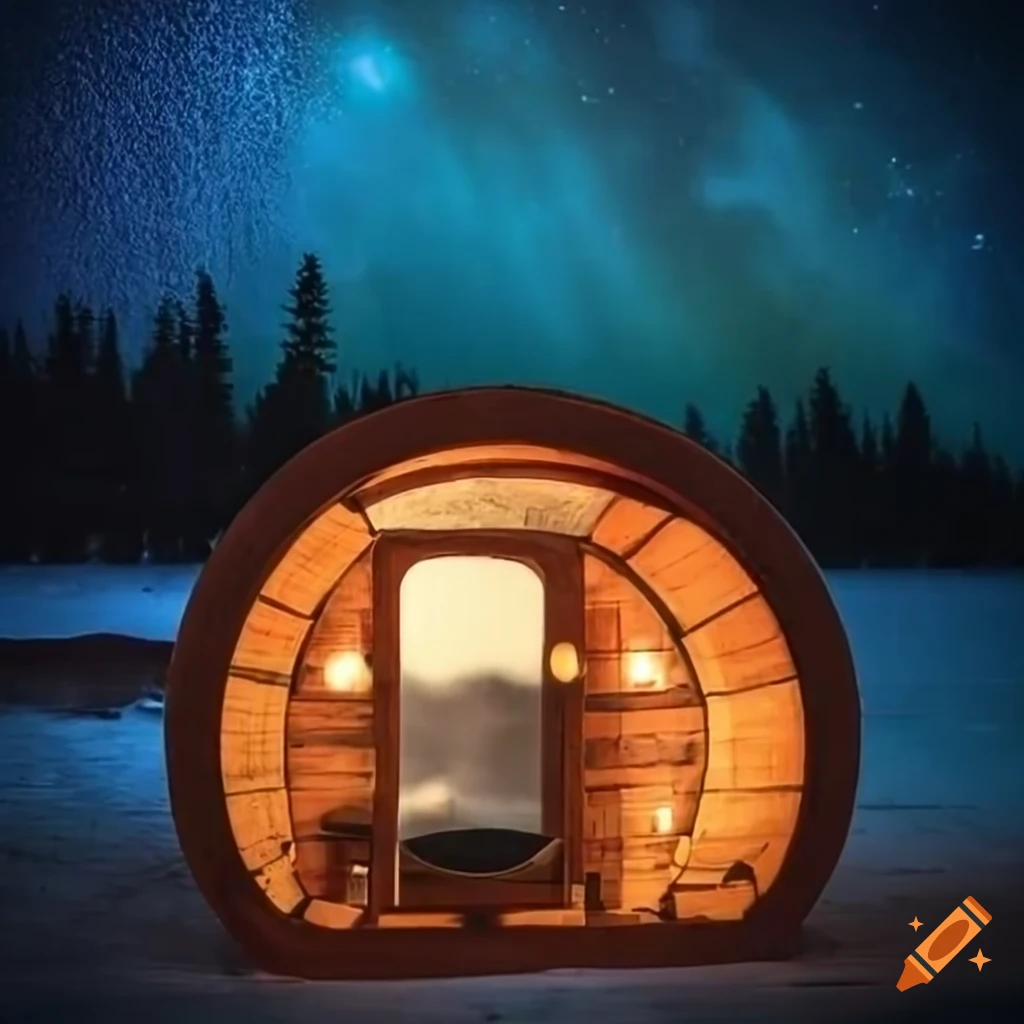 View from inside a cozy sauna overlooking a frozen lake at night on Craiyon