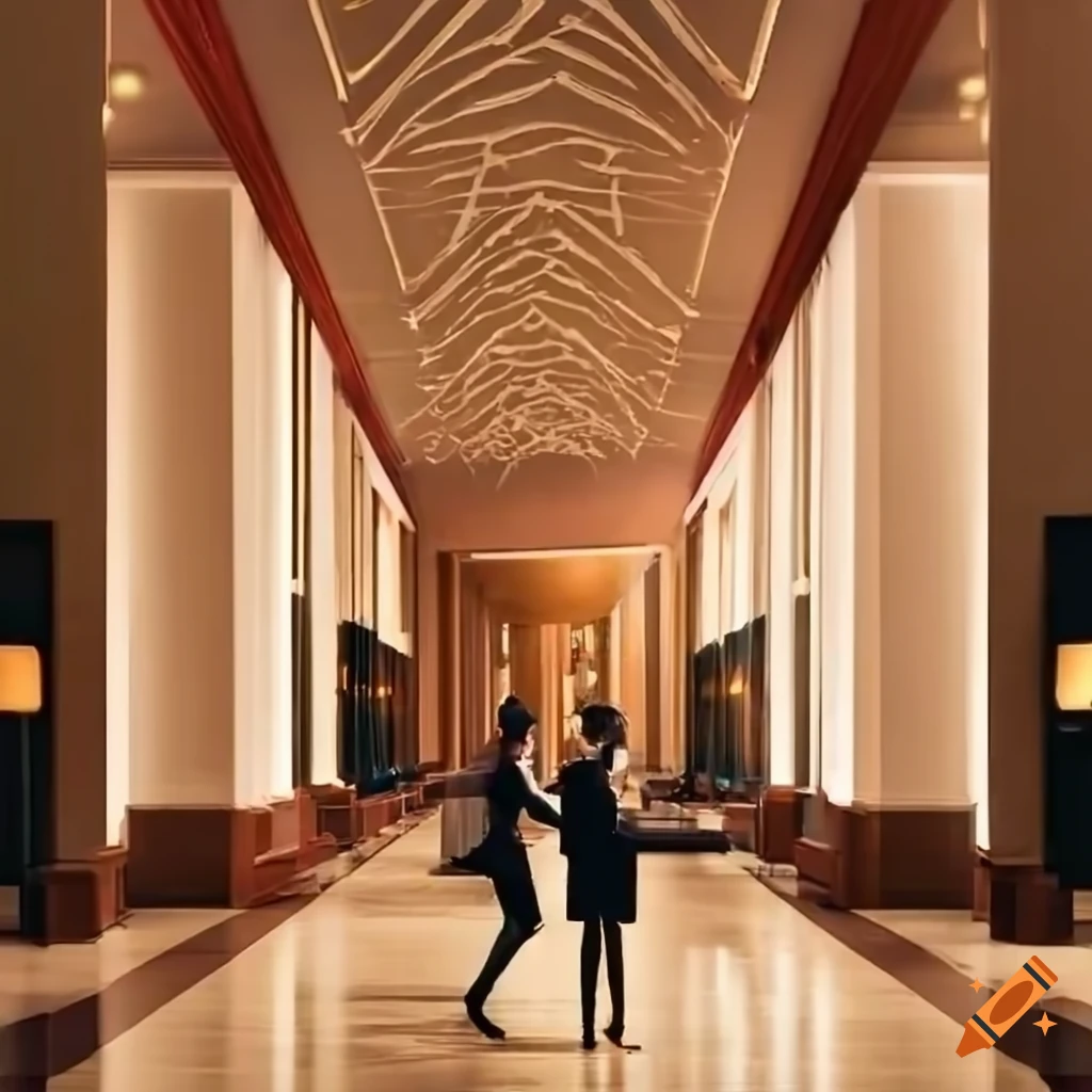 Hotel lobby with happy guests checking in