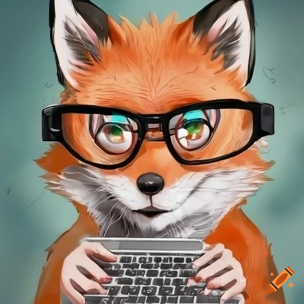 Anime drawing of a fox wearing glasses and typing on a keyboard on Craiyon