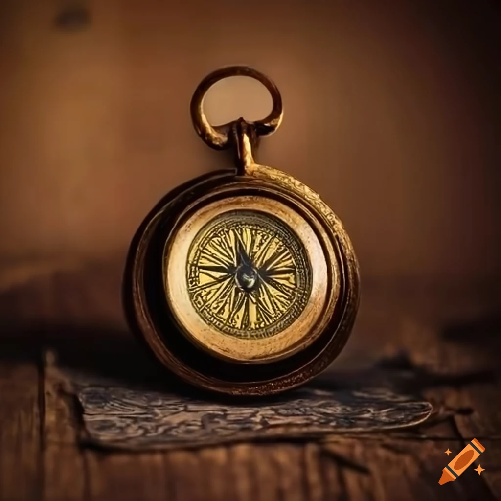 Medieval compass on a wooden table