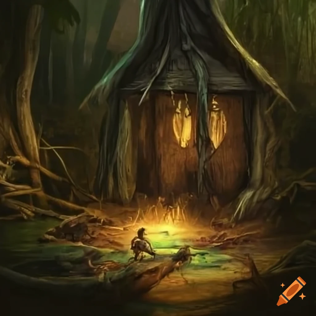 Artwork of a trio hag shack in a swamp