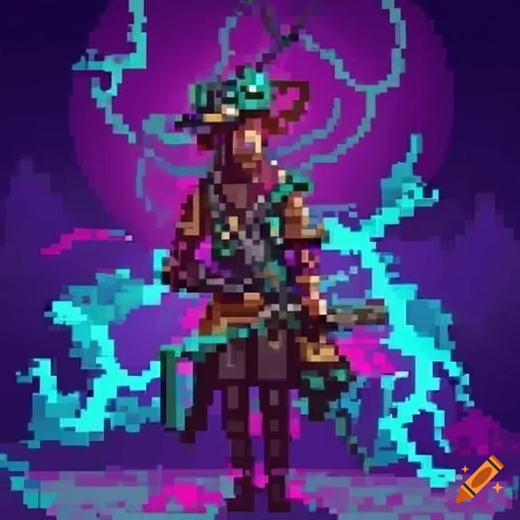 Pixelart of a character with a gun in a colorful world