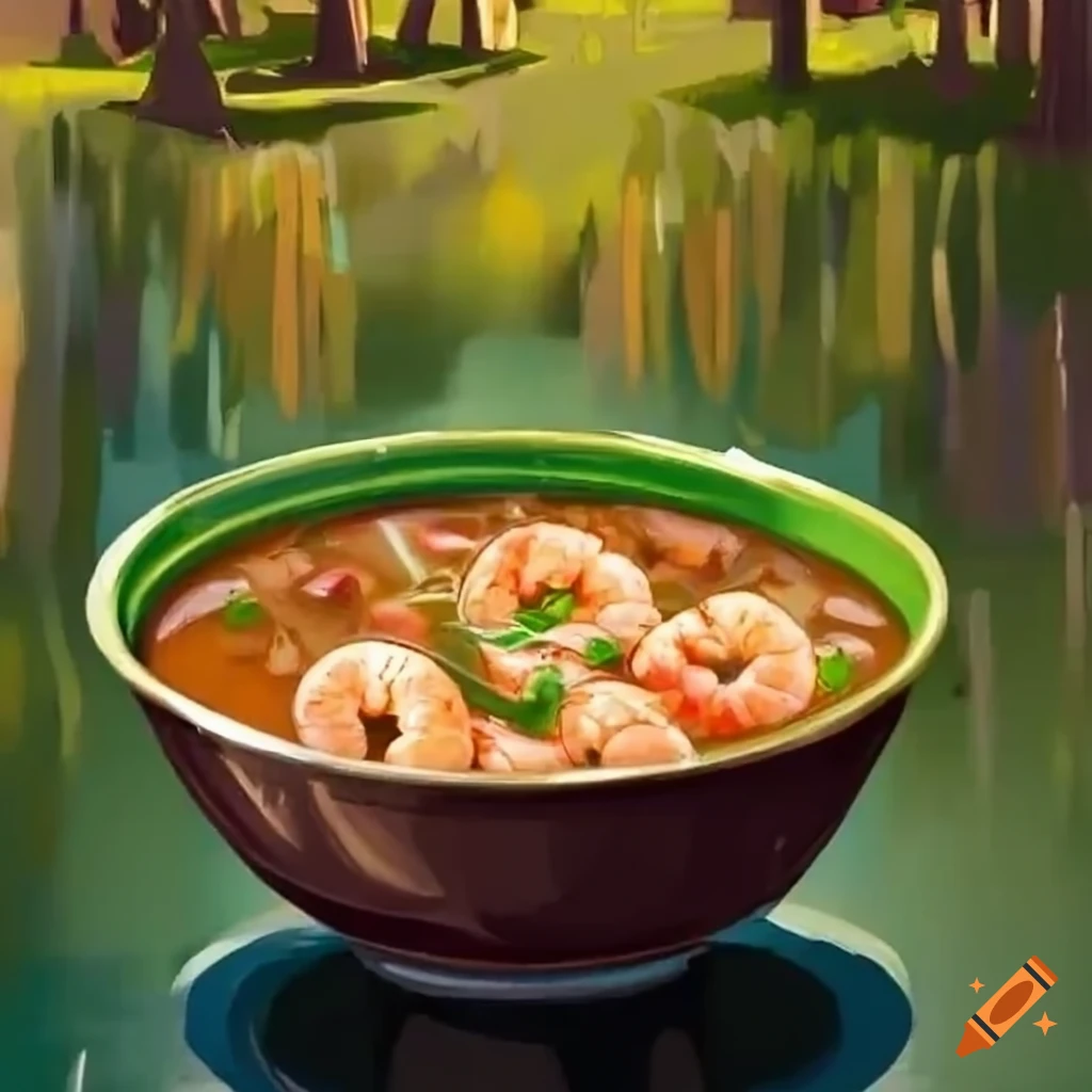 Art of shrimp gumbo in a bayou on Craiyon