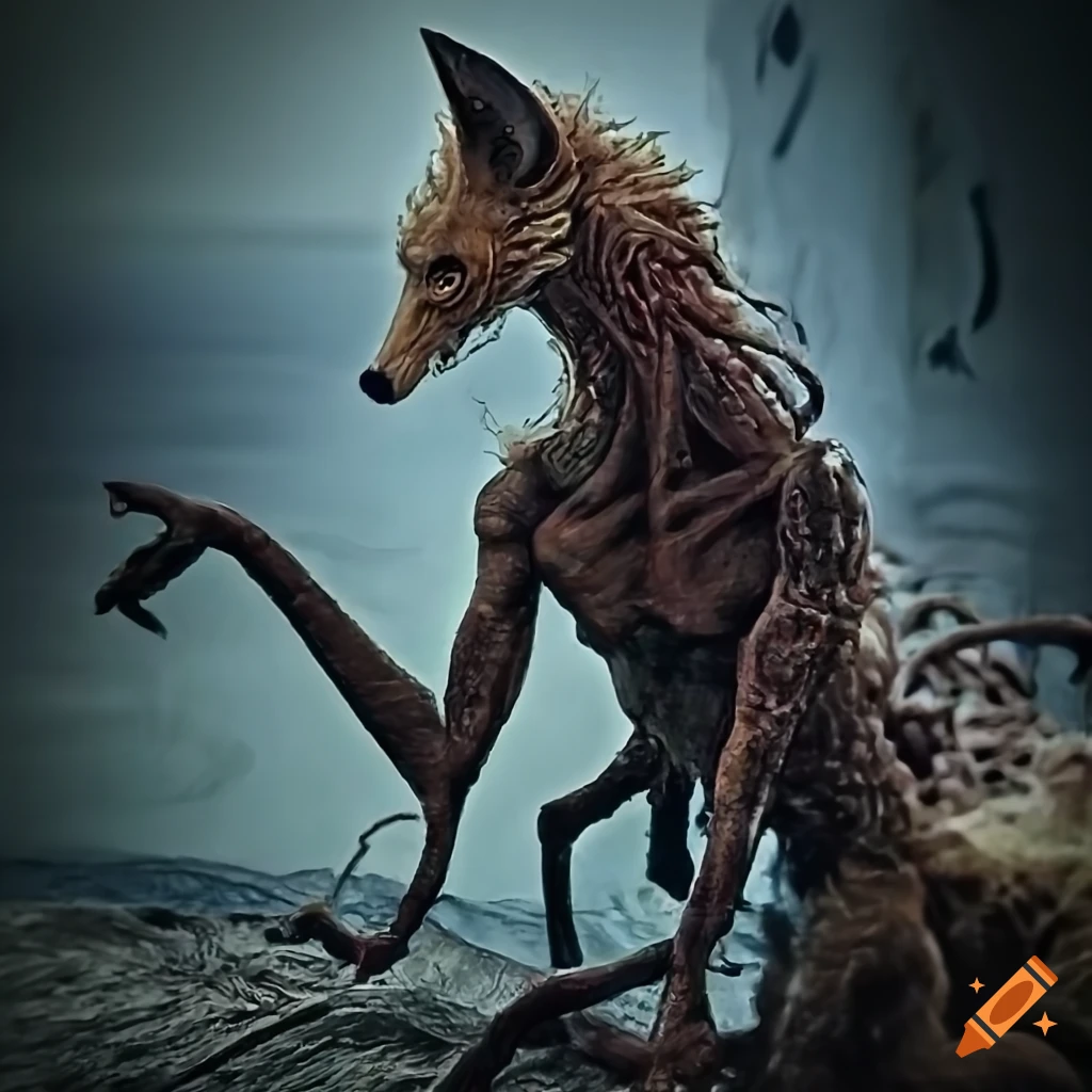 Illustration of a lovecraftian fox god on Craiyon