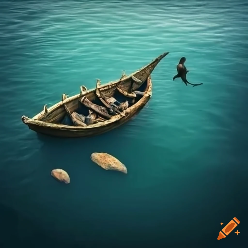 Stone age fishing boat with a person fishing on Craiyon