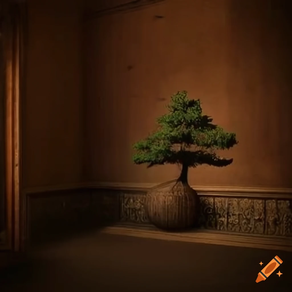Artistic depiction of a small pine tree in an ancient roman room