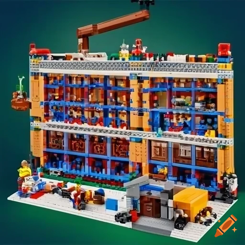 Box of lego set depicting a large warehouse
