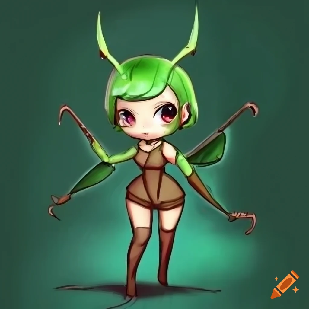 Chibi illustration of a cute mantis girl