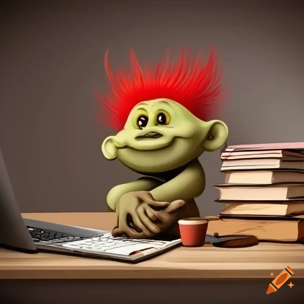 Cartoon troll working at a surfboard desk