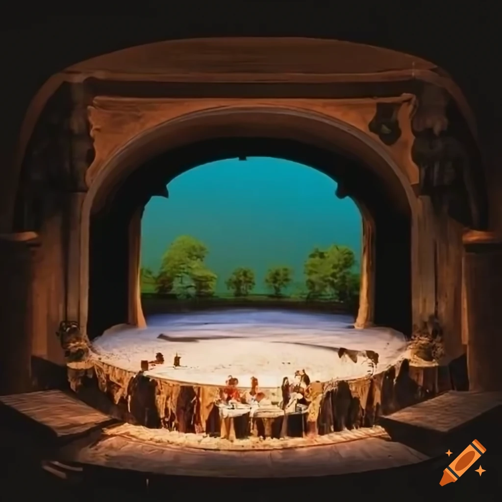Theatrical set design of a river and plants with dim lighting