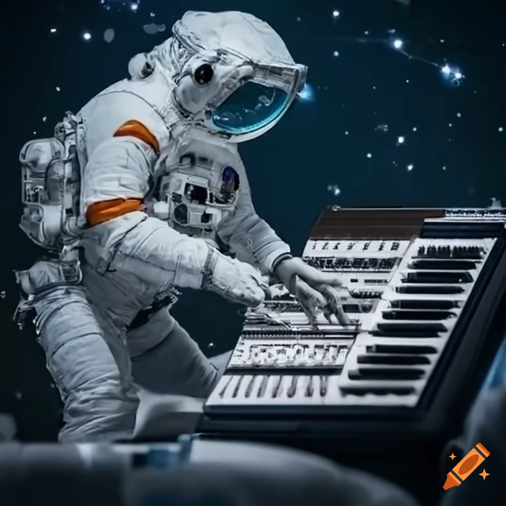 Astronaut playing synthesizer in space