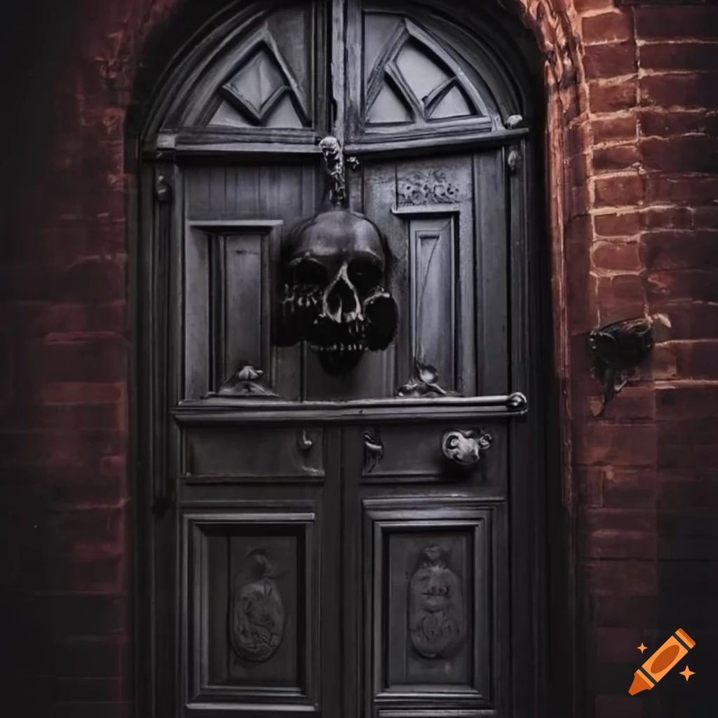 Door of a gothic club with a metal skull decoration on Craiyon