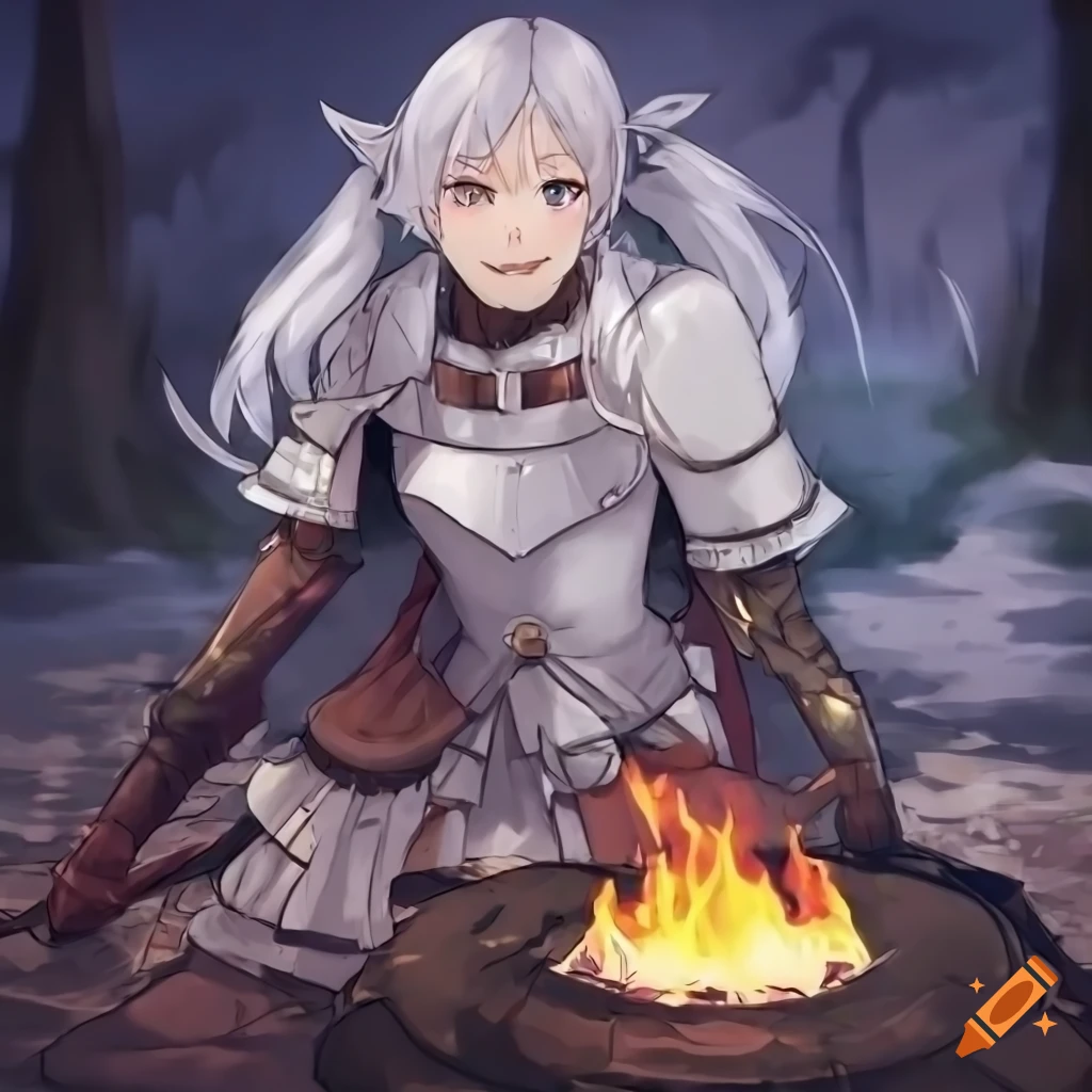 Anime-style female knight sitting by a campfire with a guard captain