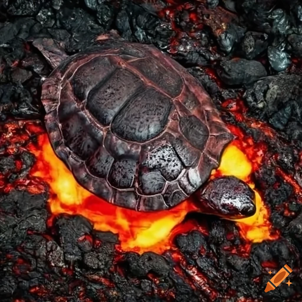 Metal turtle sculpture with flowing lava inside
