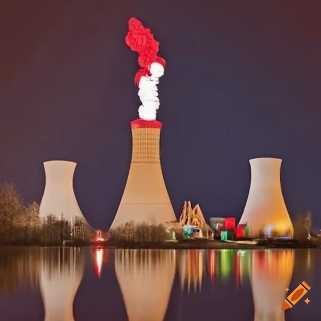 Nuclear power plant exhaust tower with christmas decorations on Craiyon