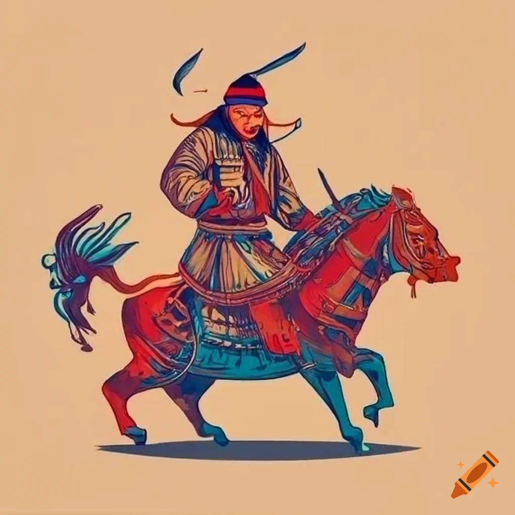Stylized drawing of a mongol keshik on horseback on Craiyon