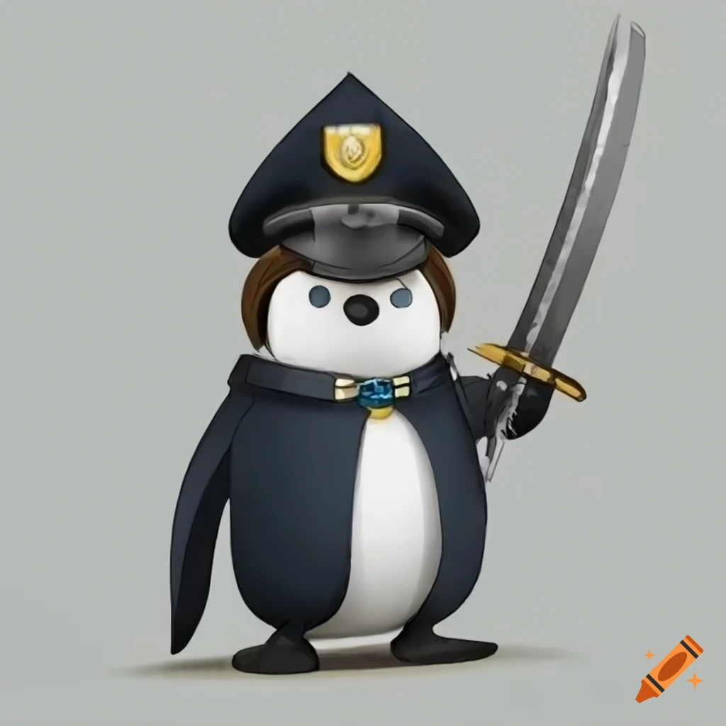 Anime-style penguin in police uniform holding a sword