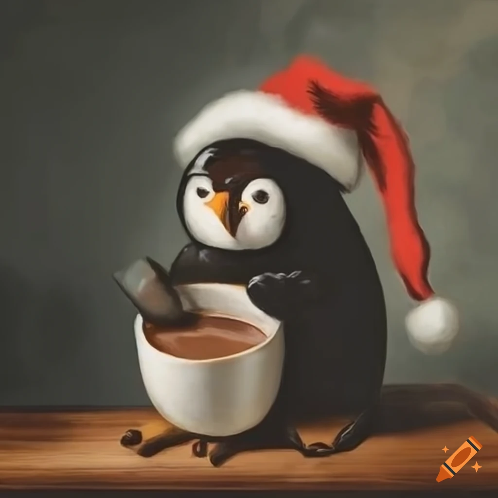 Painting of a penguin drinking hot chocolate