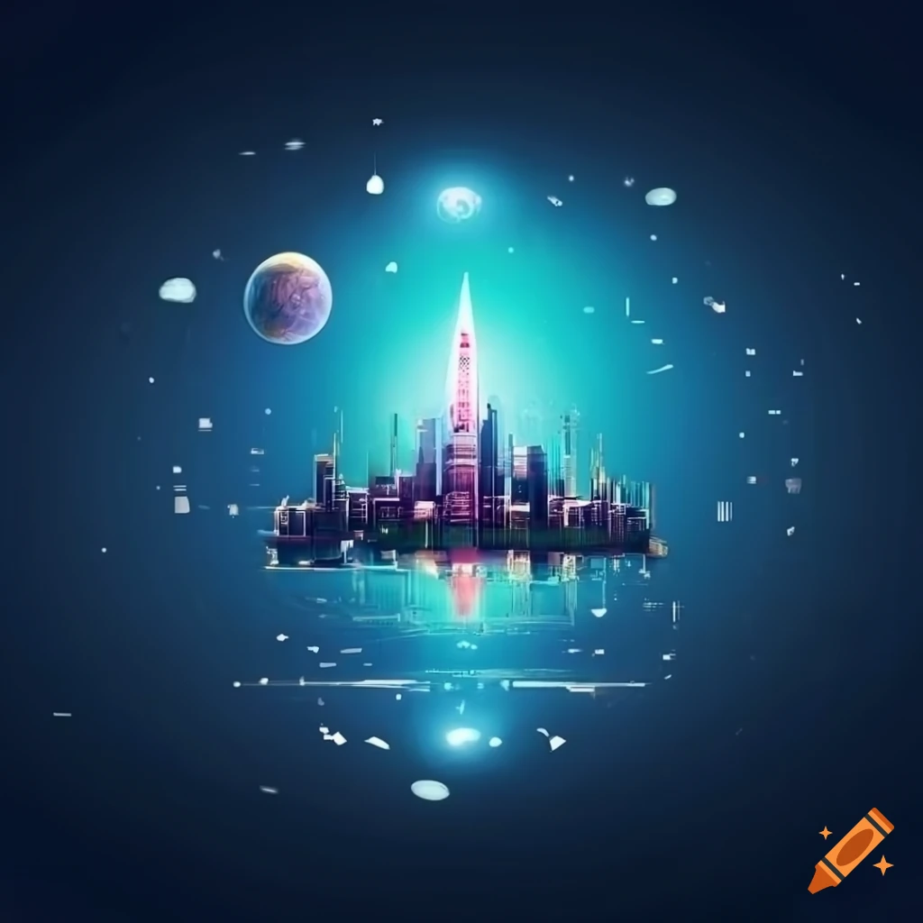 Cityscape of futuristic metropolis with floating planets